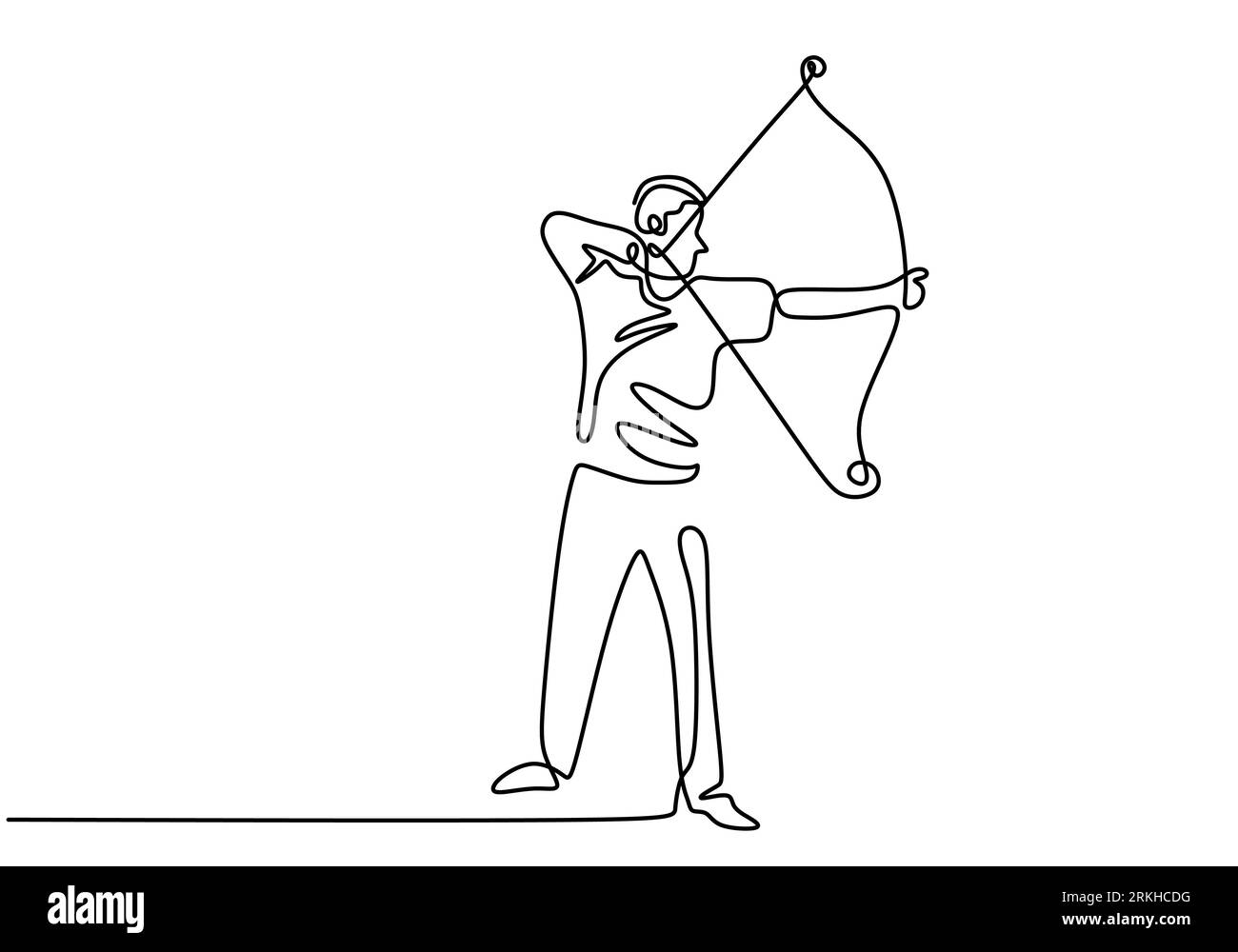 Continuous line drawing of young professional archer man, standing and focus to shooting the ...