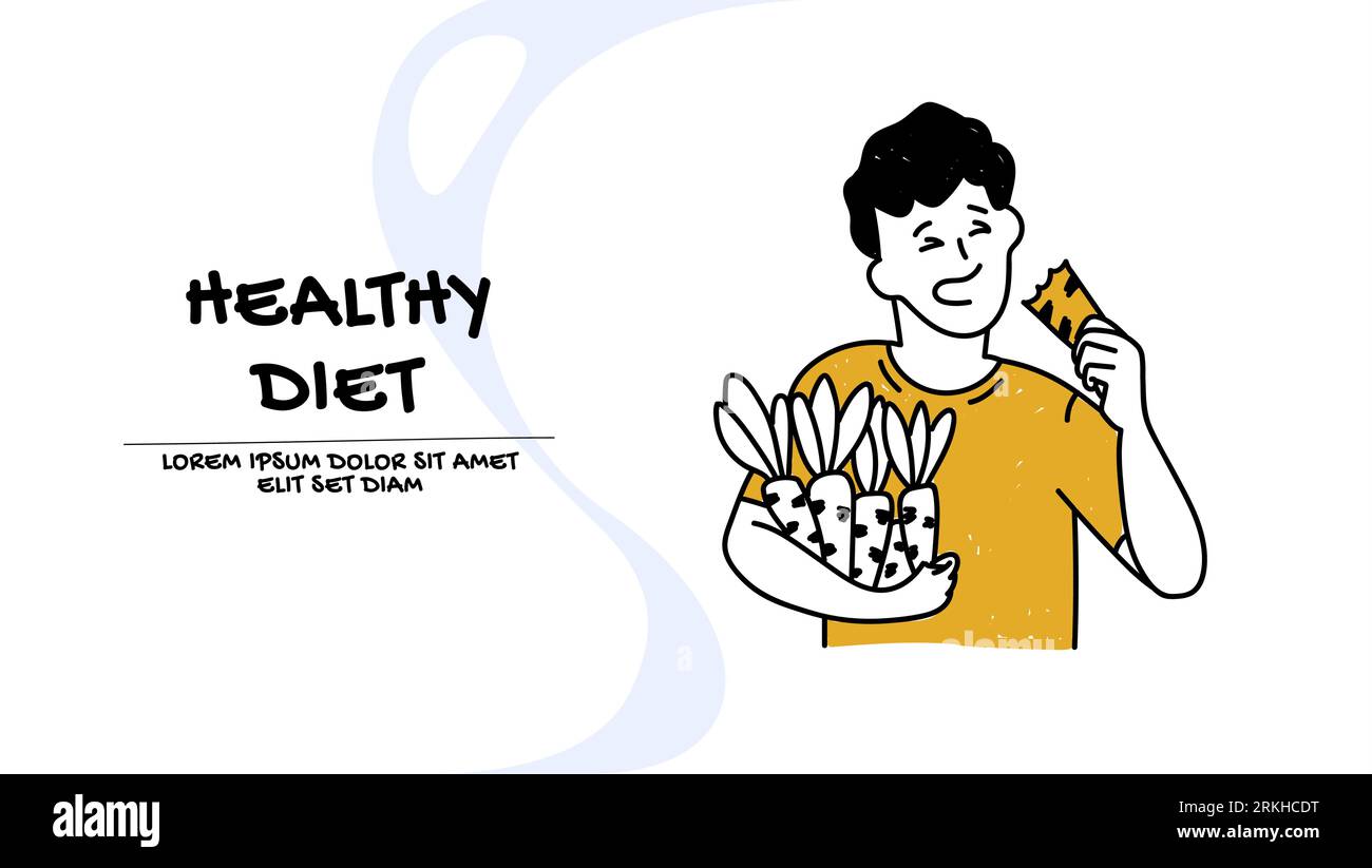 Vector of a young man eating healthy snacks, sticks to a healthy diet ...