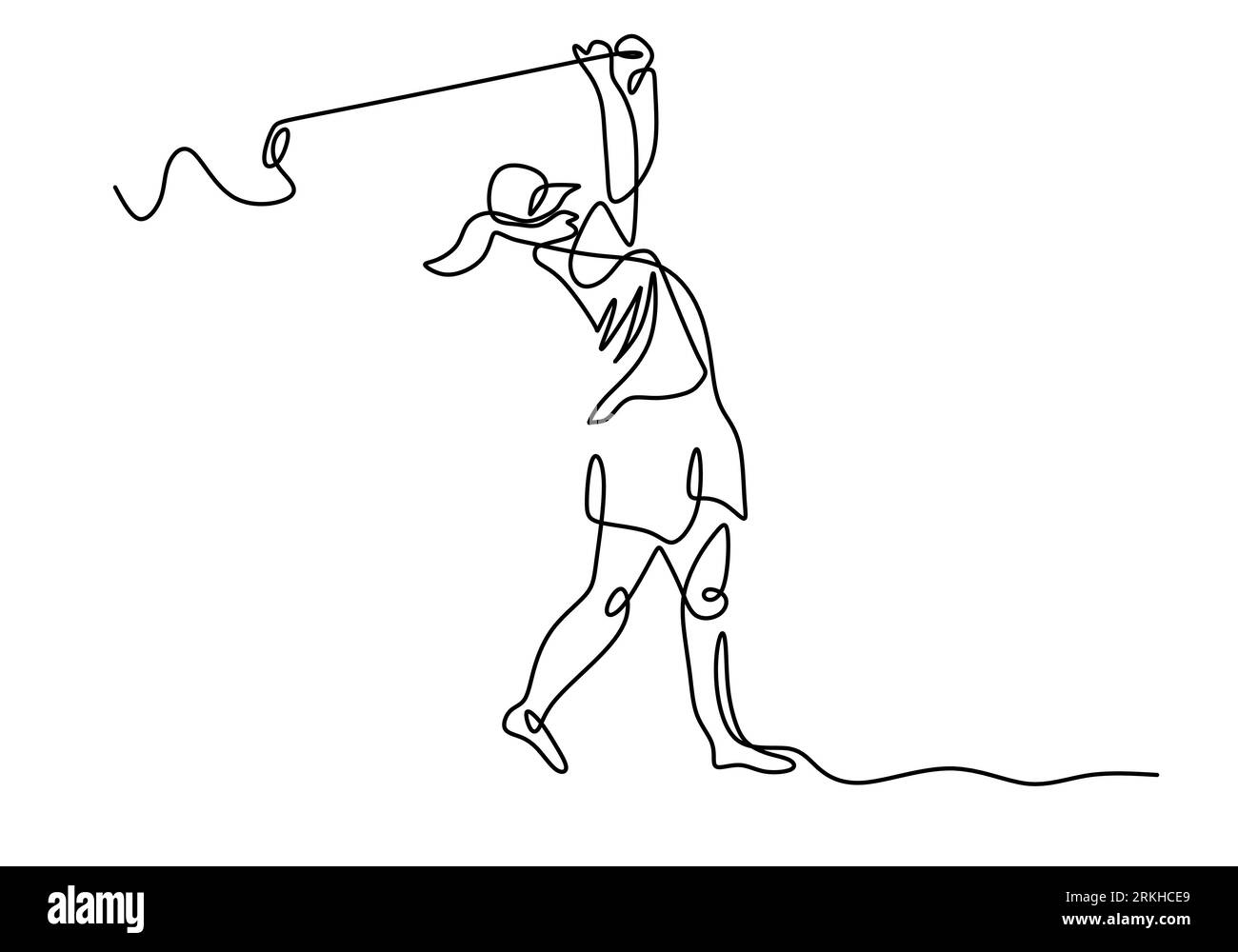 One continuous line drawing of young happy woman golf player swing the ...