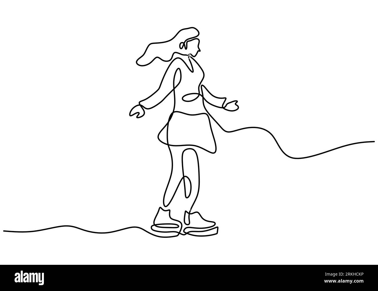 continuous line drawing of young girl playing ice skating in the ice ...