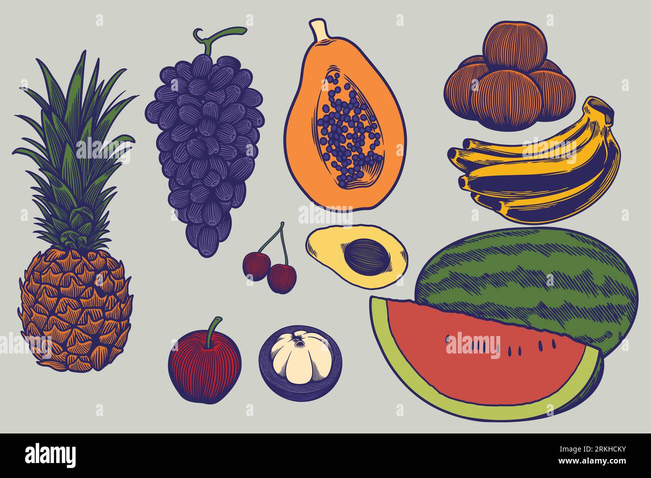Big set of fresh fruits hand drawn illustrations in engraving style ...