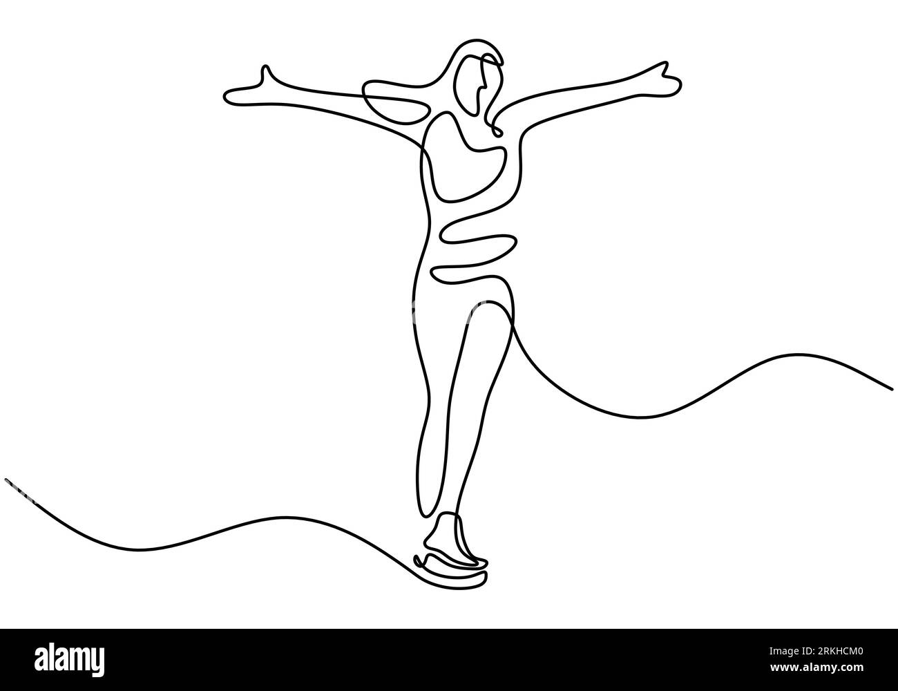 continuous line drawing of young girl playing ice skating in the ice ...