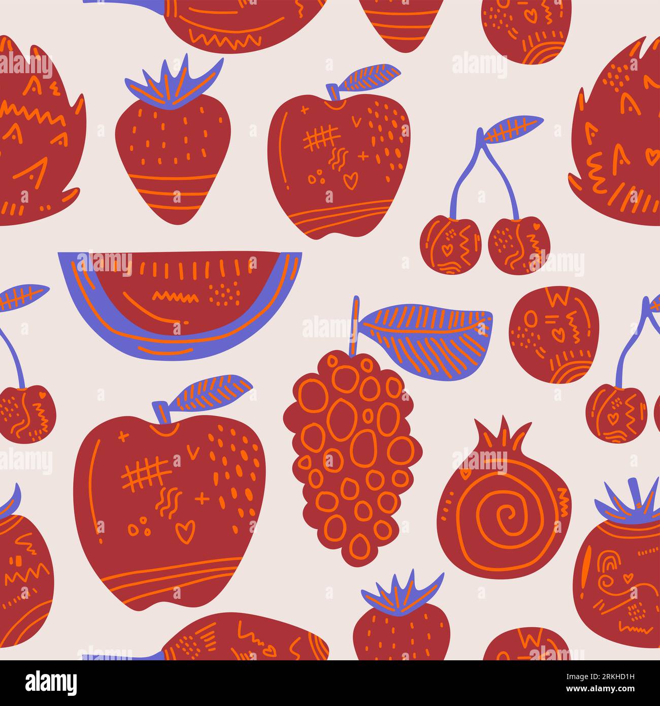 Red fruit seamless pattern. Cute fresh fruits: strawberry, dragon fruit ...