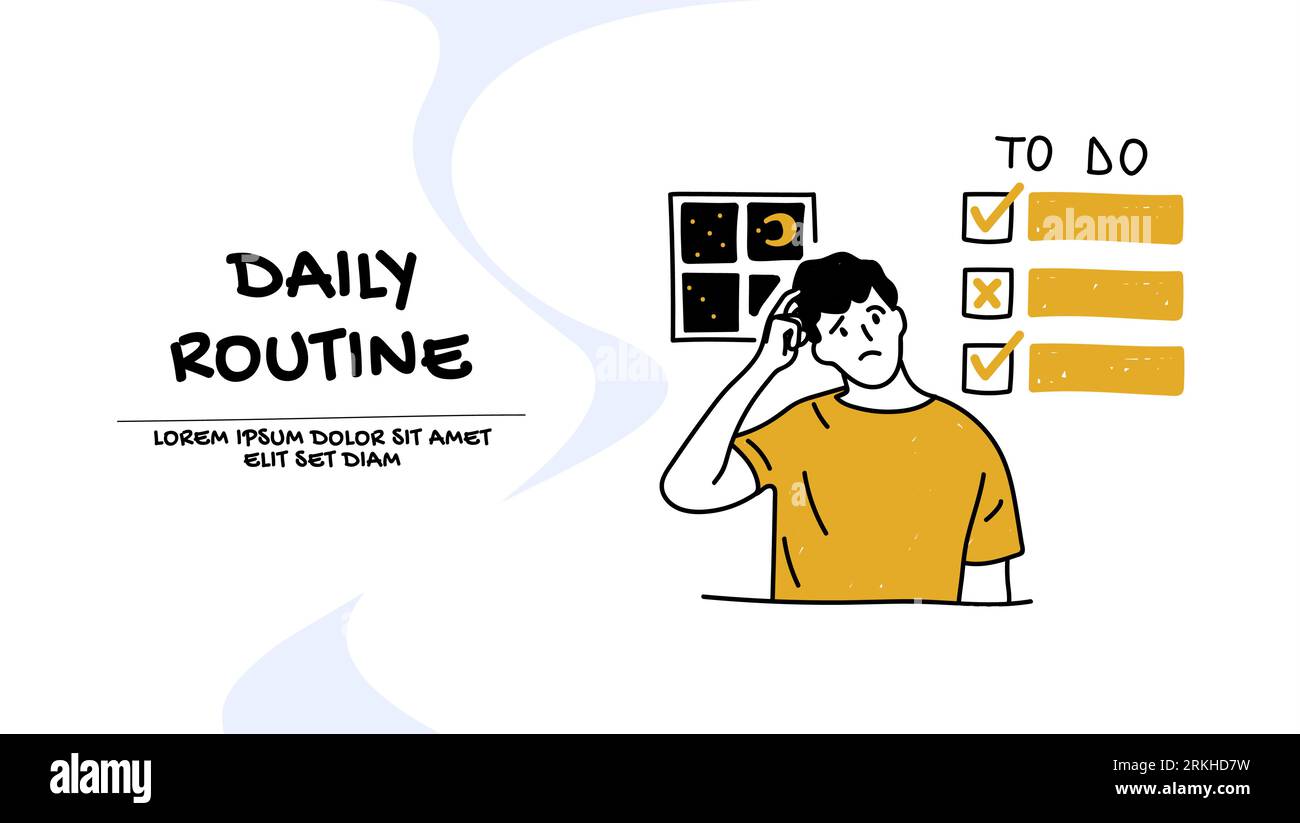 Vector of a thoughtful young man reviews his daily routine, things to ...