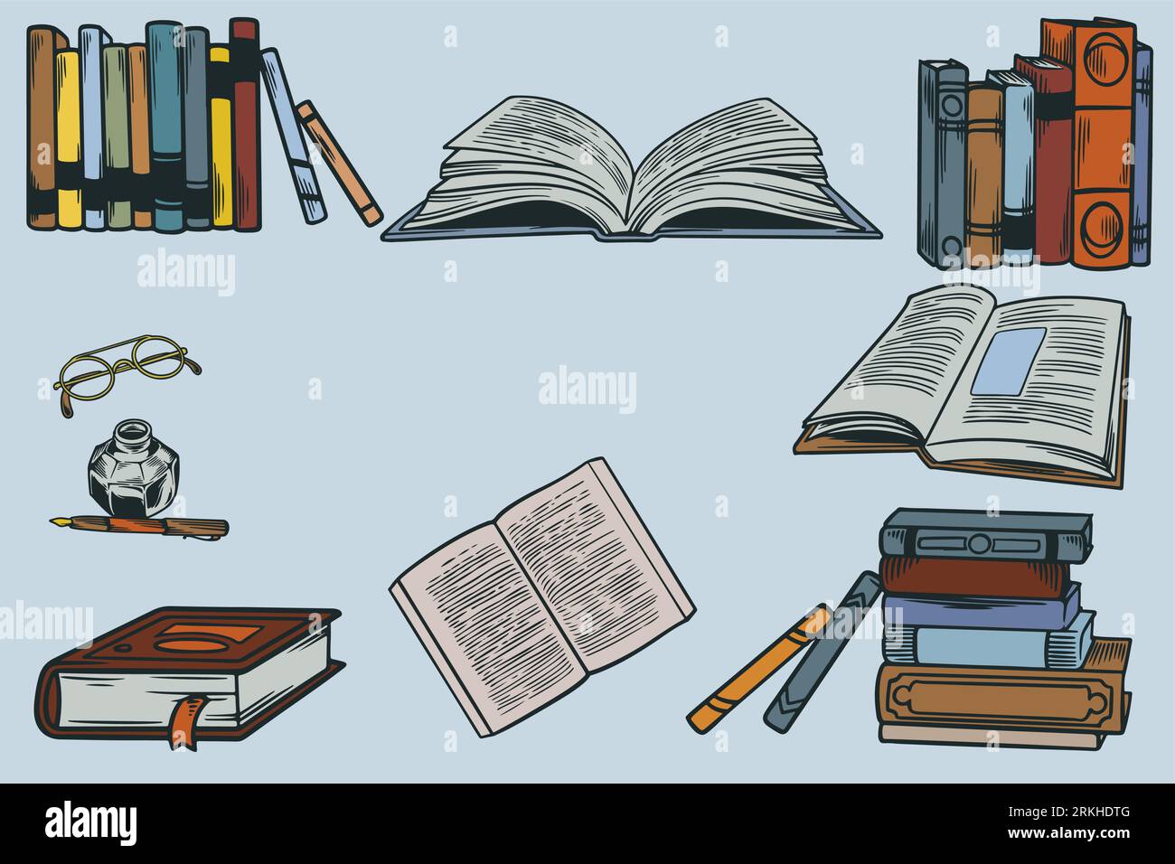 Set collection of hand drawn icons of school equipment. Stack of book ...