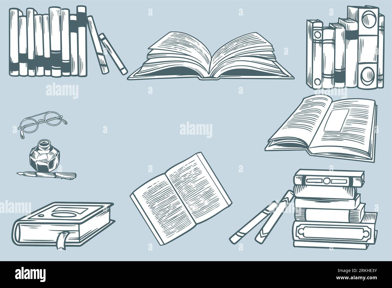 Hand drawn sketch on the theme of literature. Set of stacks of paper ...