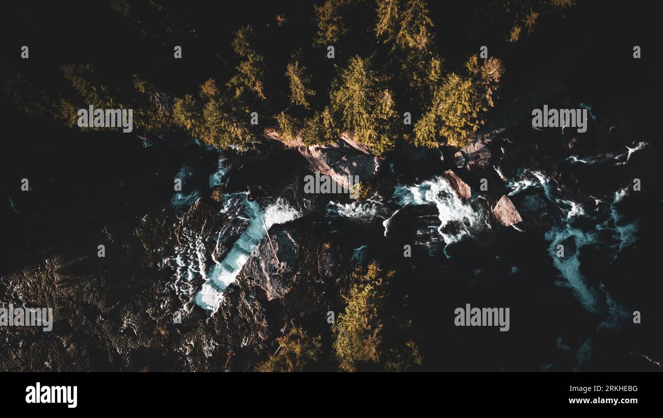 An aerial view of a river in a lush green forest, featuring a line of ...