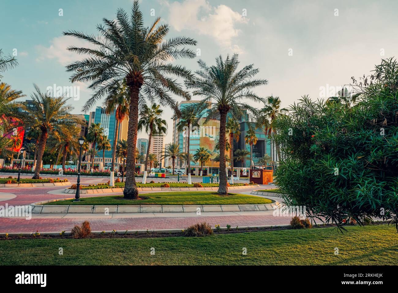 A picturesque scene of a park near a waterfront with tall palm trees in ...