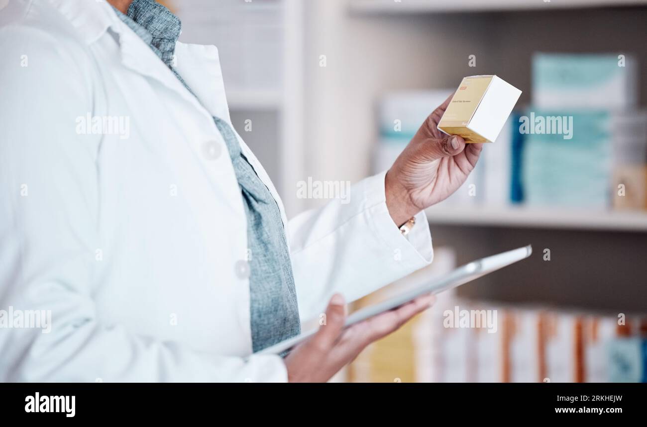 Pharmacist, pills and tablet, person check inventory and inspection ...