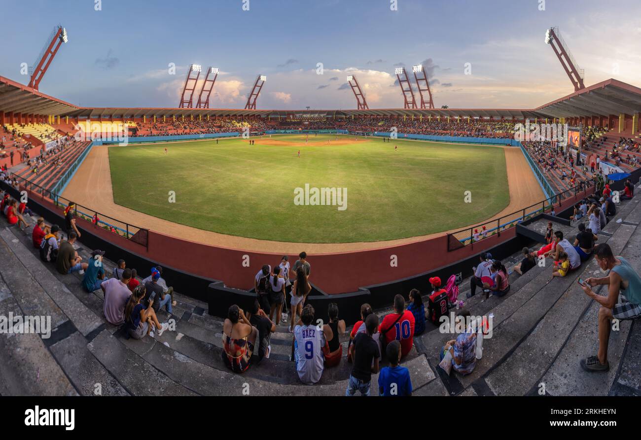 The illuminated stadium for a baseball game in Matanzas, Croatia Stock ...