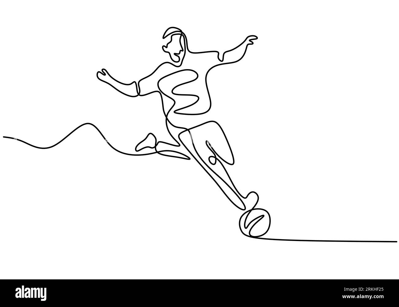 Continuous line drawing a football player kicks the ball. Young ...