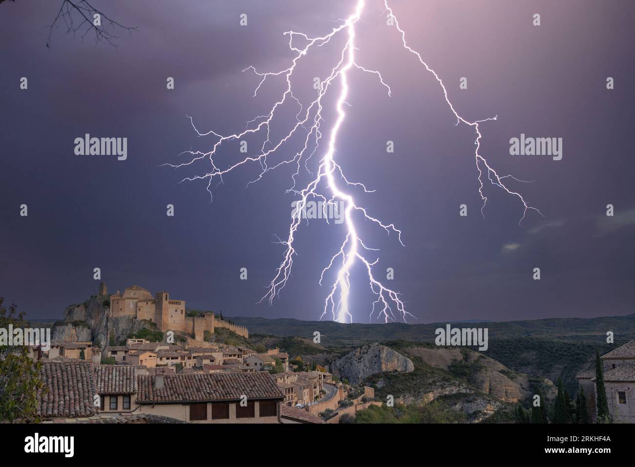 Spectacular storm in the medieval village of Alquezar. In the ...