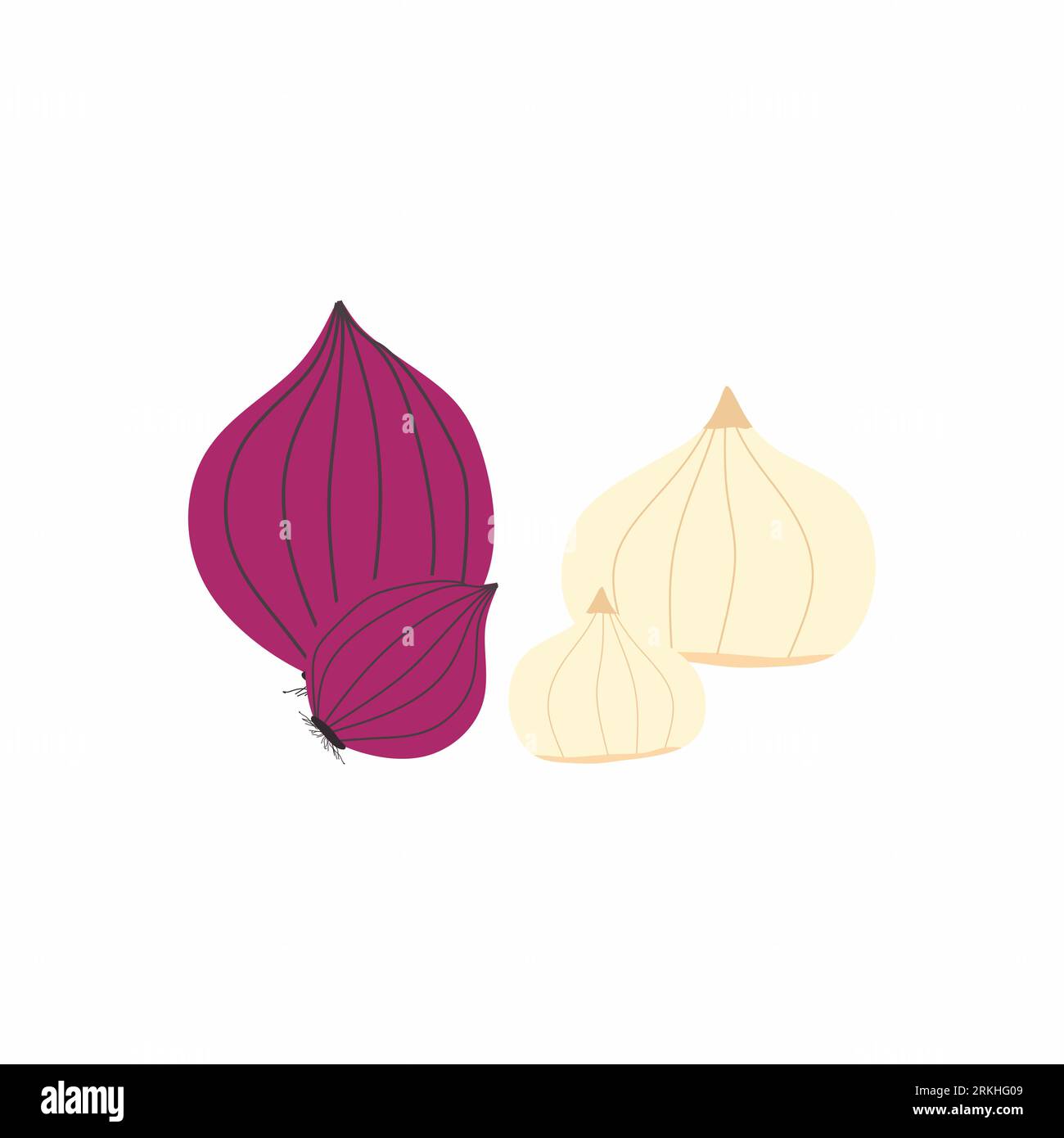 Flat design icons for red onion garlic. Fresh delicious vegan diet ...