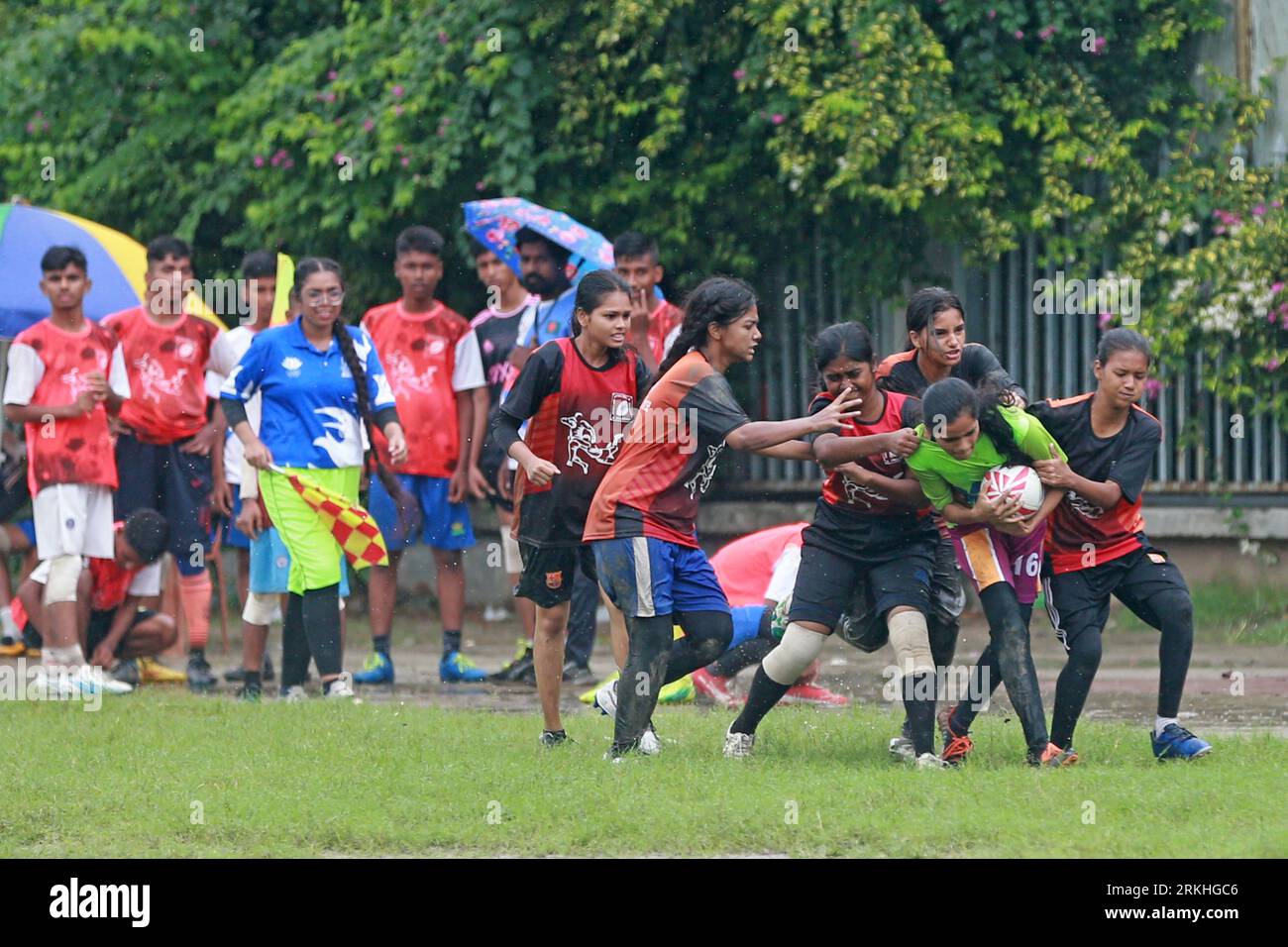 Rugby match between Flame Girls Club and Laxmibazar Rugby Club at Paltan Maydan, Dhaka ...