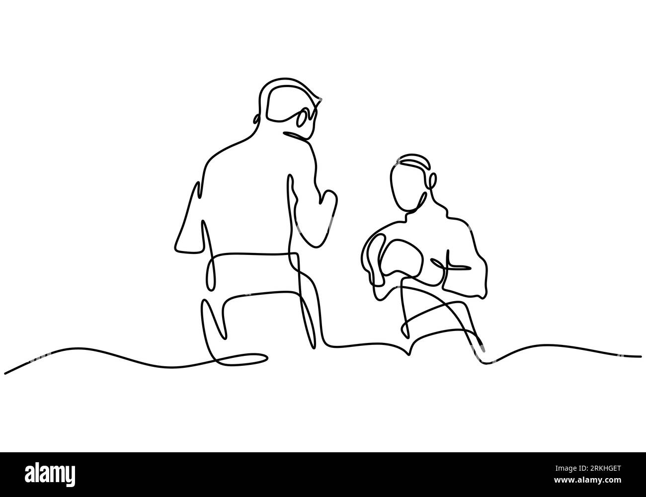 Continuous one line drawing of two man playing boxing at ring area. Two ...