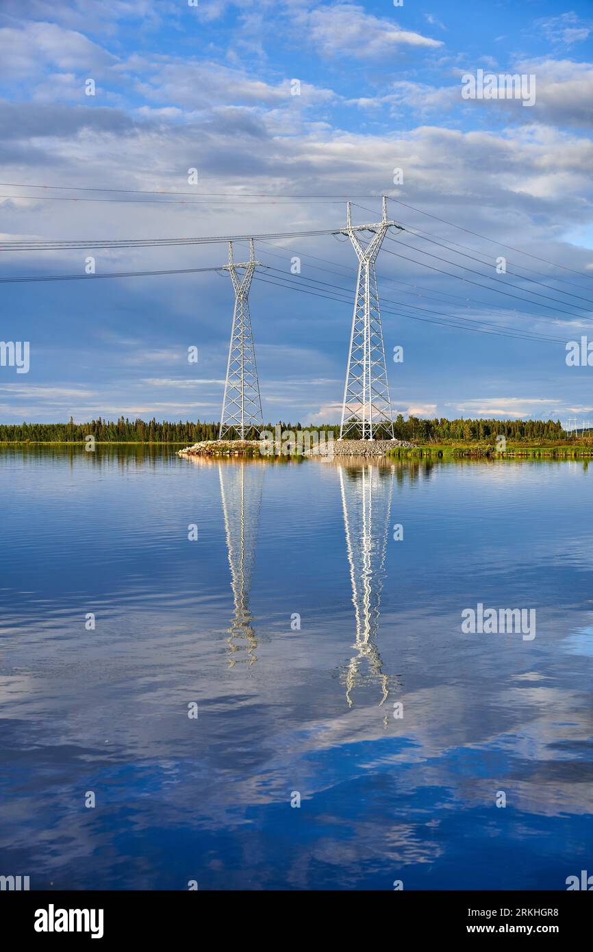 A vertical of a power line in Kemijarvi, Eastern Lapland, Finland Stock ...