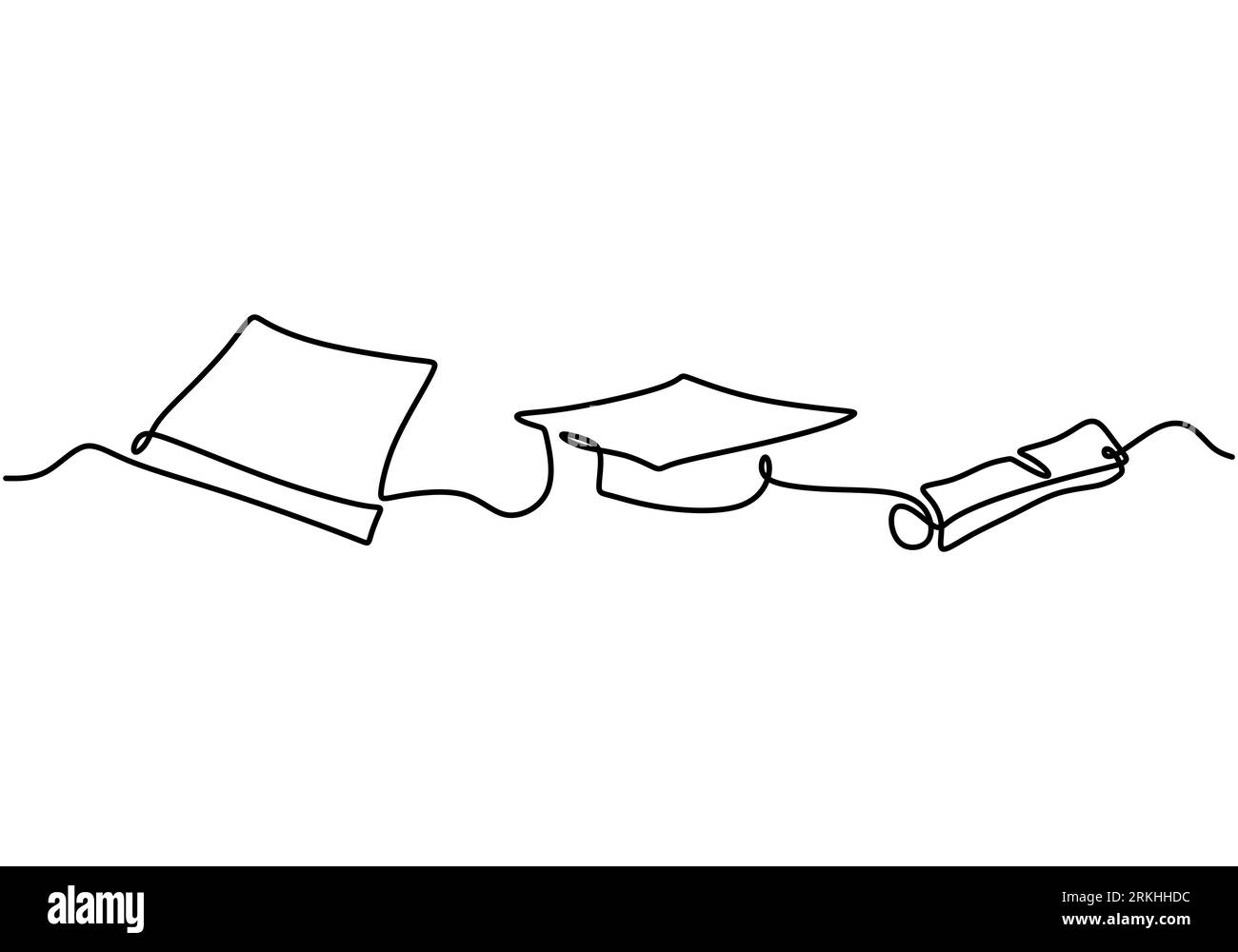 One continuous line drawing of graduation hat, certificate, and ...