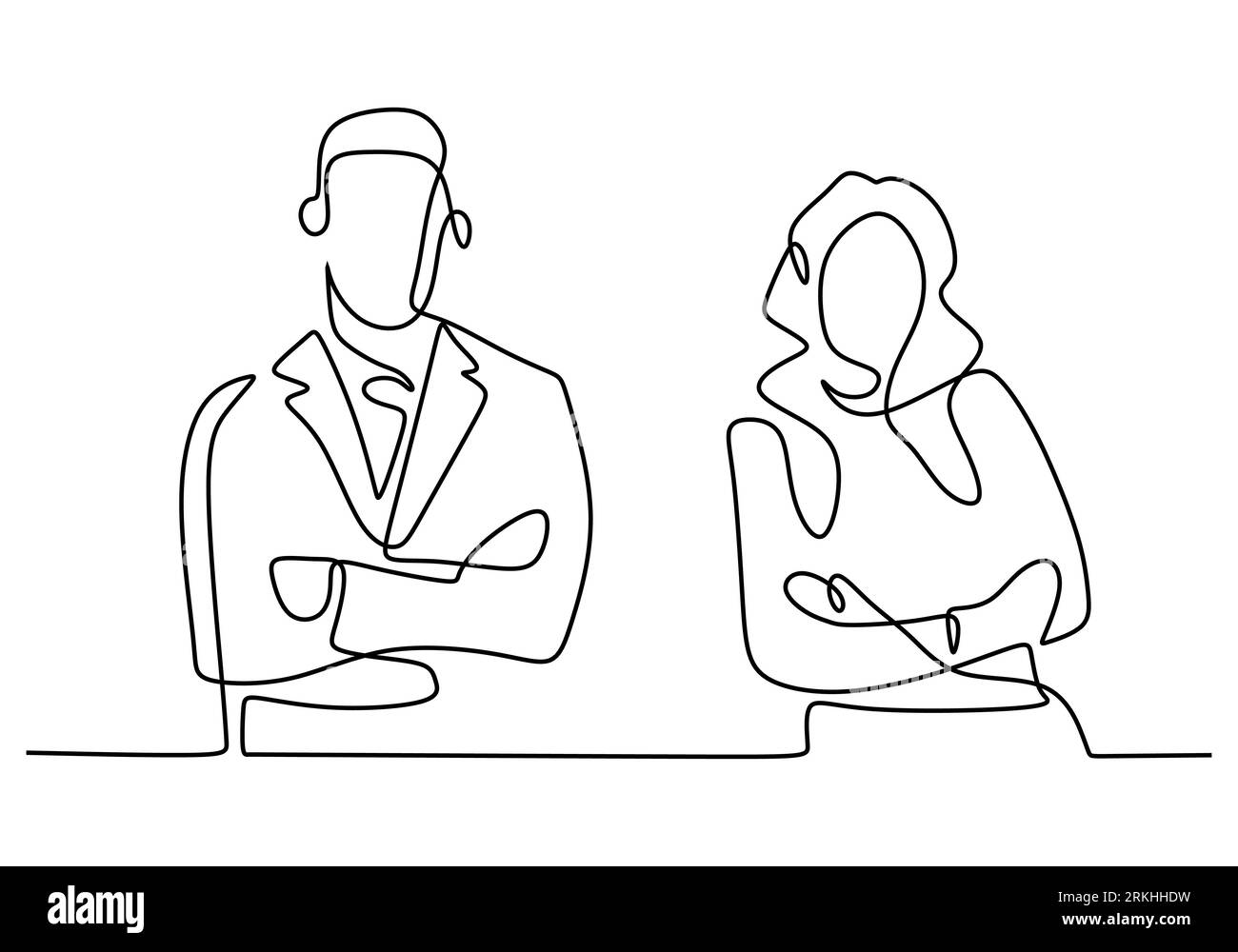 Continuous line drawing of two business people standing pose with arms ...