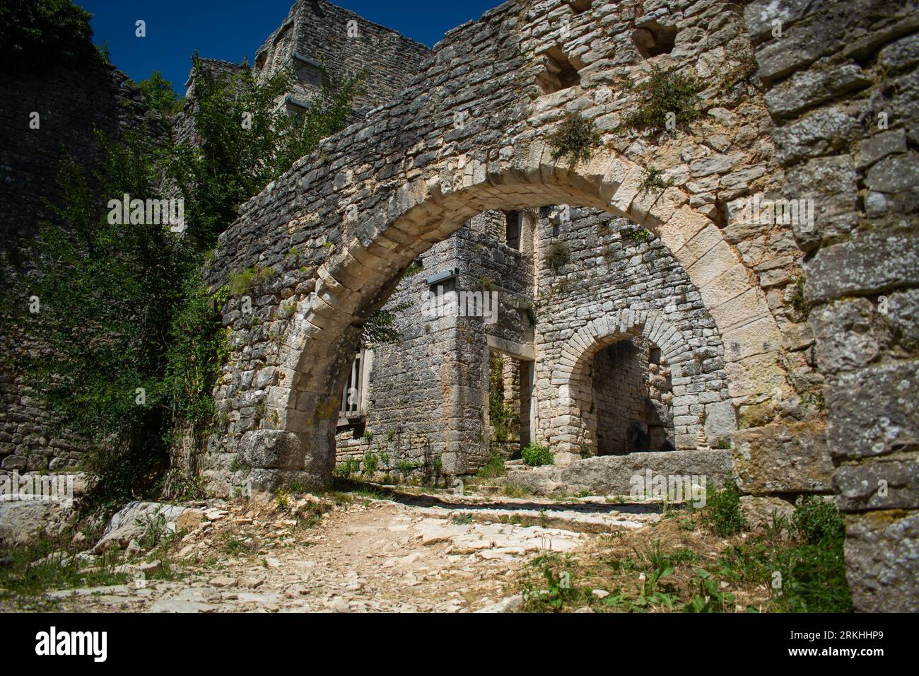 A stone arch and door is situated in the corner of a historic ruin ...
