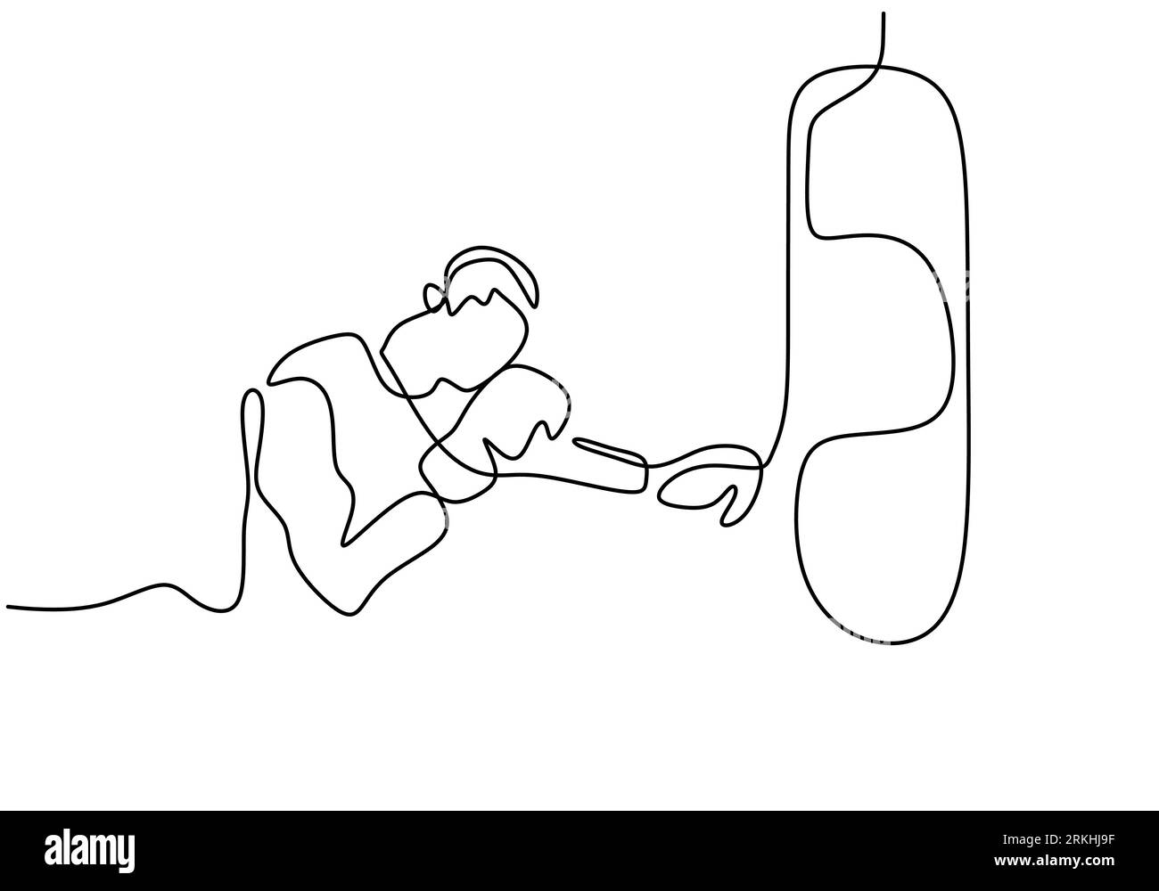One continuous line drawing of young sporty man boxer hit the punching ...