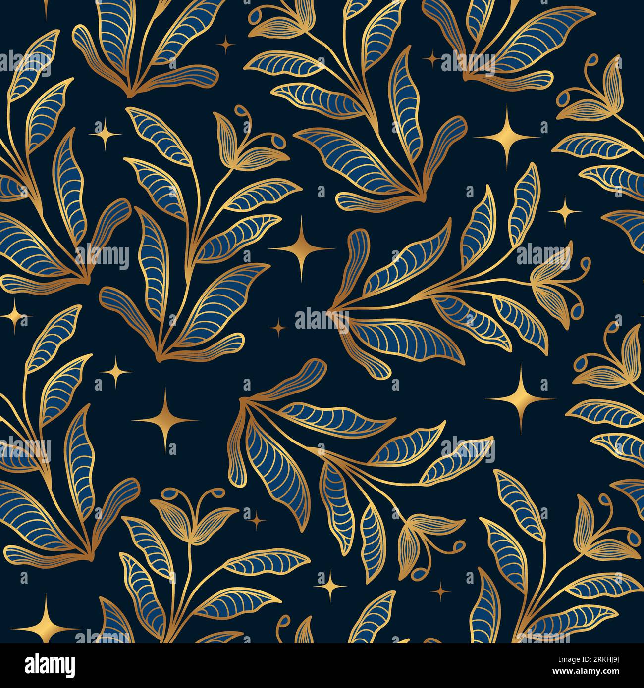 Luxury Blue and Gold Flower Pattern. Hand Drawn Seamless Floral Pattern ...