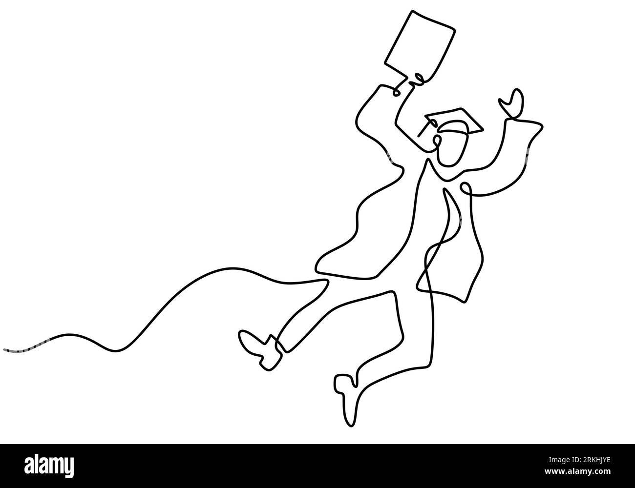Continuous line drawing of young happy male student jumping to ...