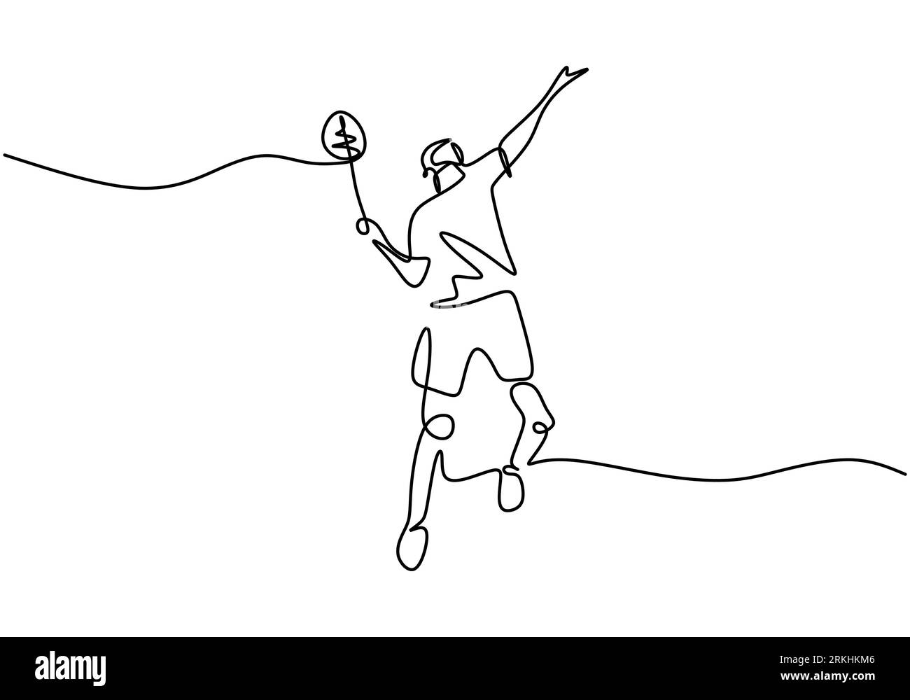 Continuous one line drawing of young man athlete playing badminton. A ...