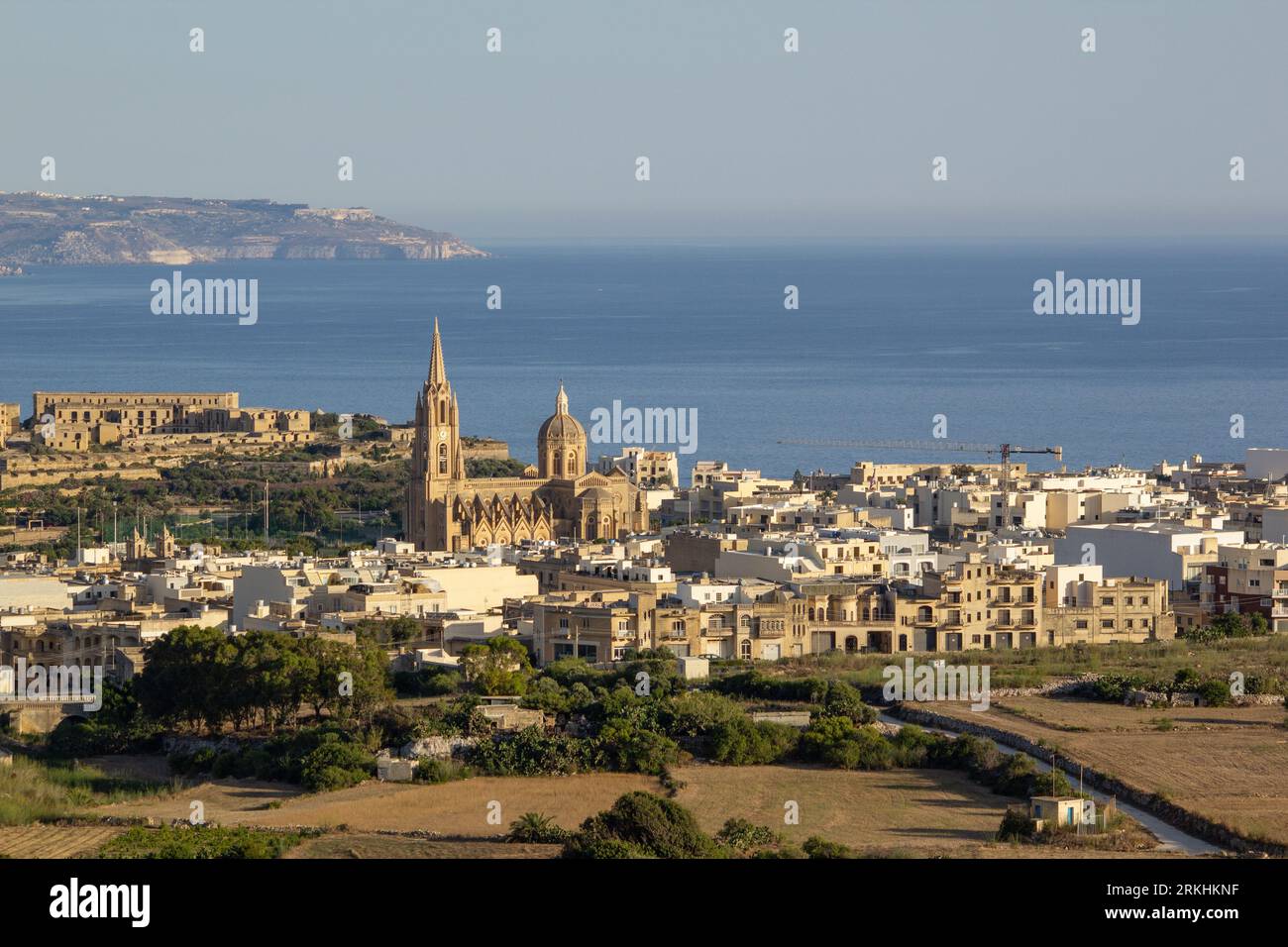 An aerial view of the picturesque village of Ghajnsielem, Gozo Stock ...