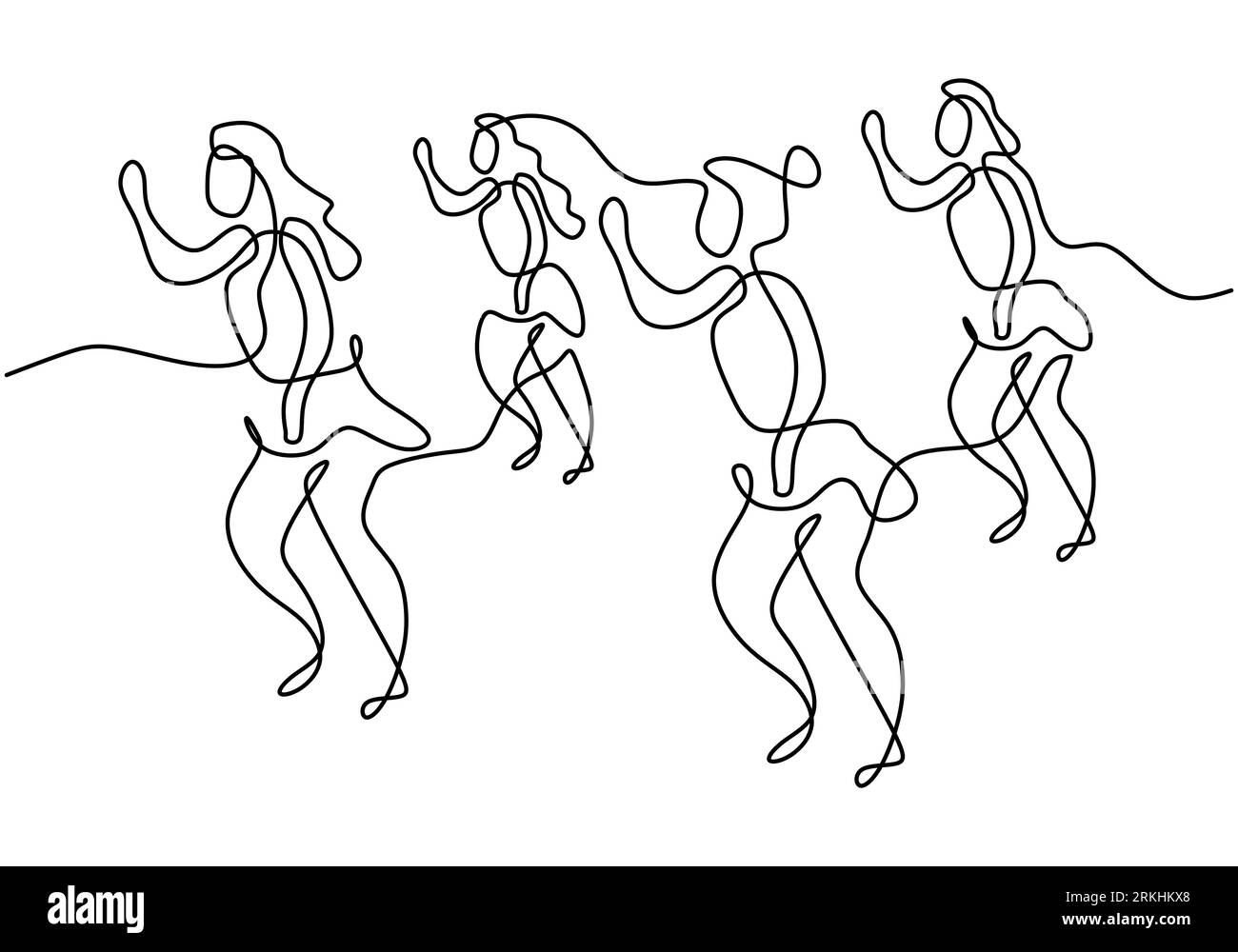 Continuous line drawing of group of girls in zumba dance. Four ...