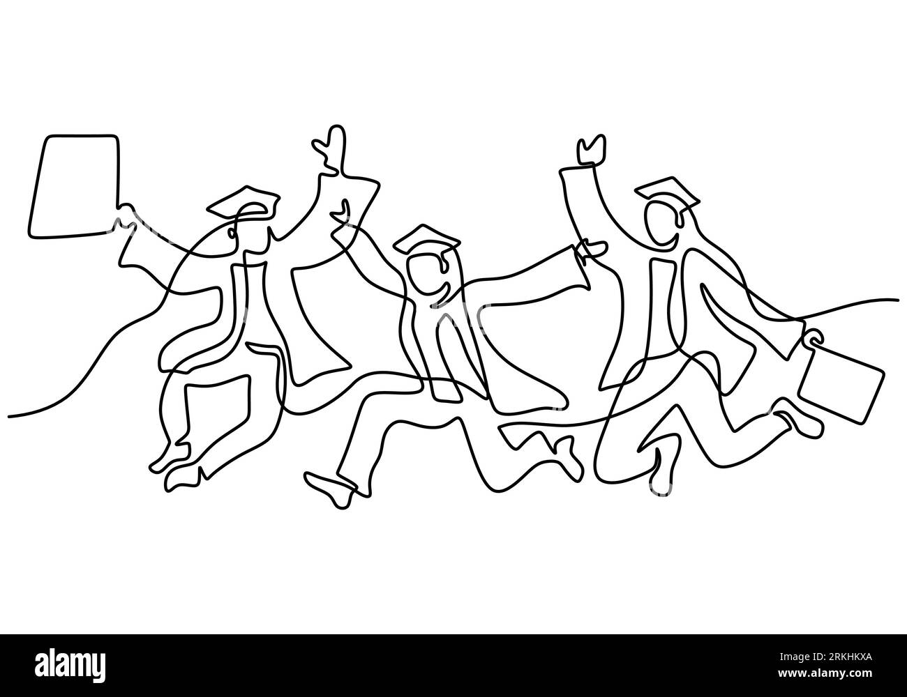 One continuous line group young students in jump joyfully. Happy three ...