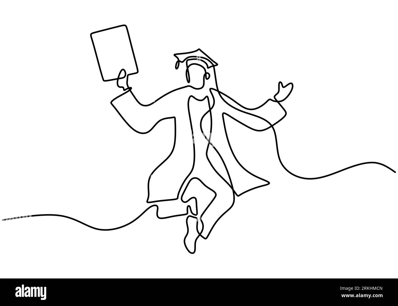 Continuous line drawing of young happy male student jumping to ...