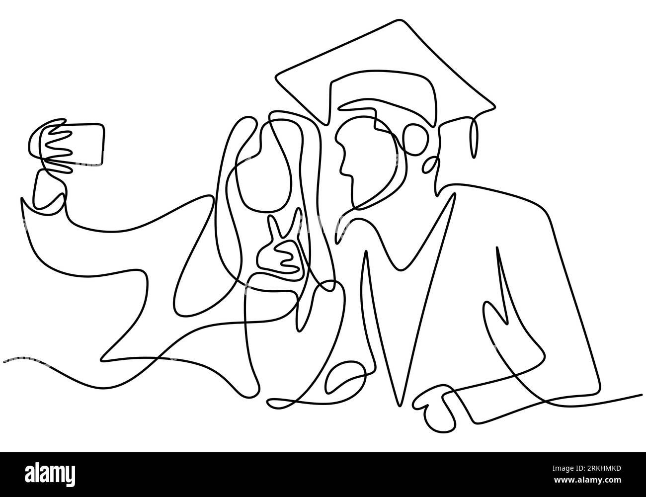 Continuous line drawing of happy graduation student taking selfie photo ...