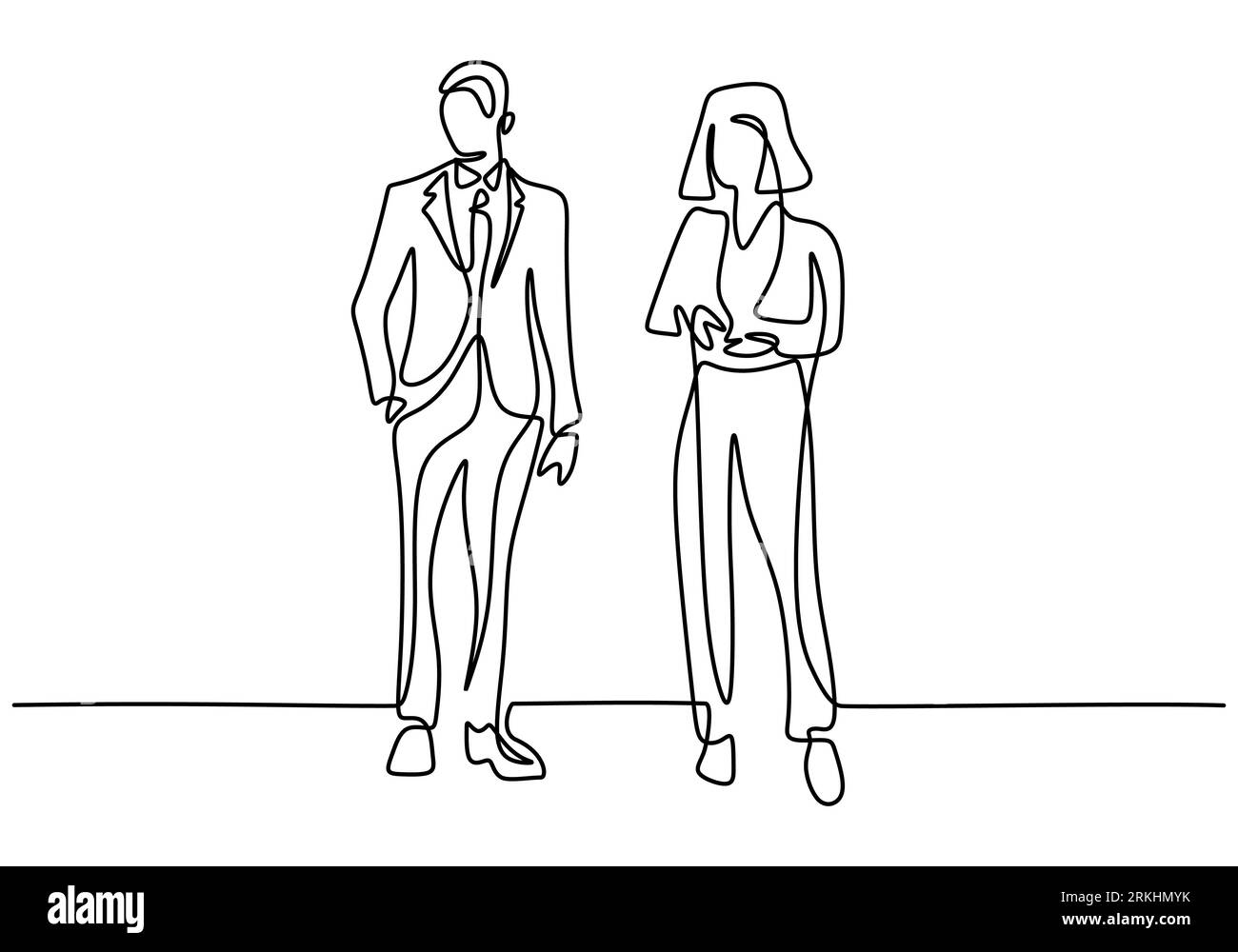Continuous line drawing of two business people standing pose together ...