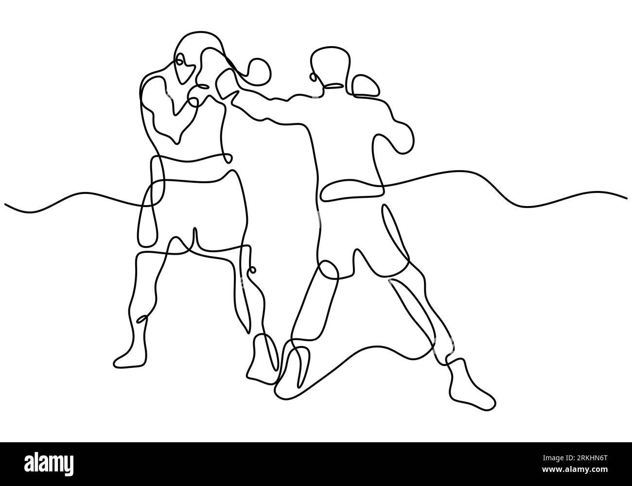 Continuous one line drawing of two man playing boxing at ring area. Two ...