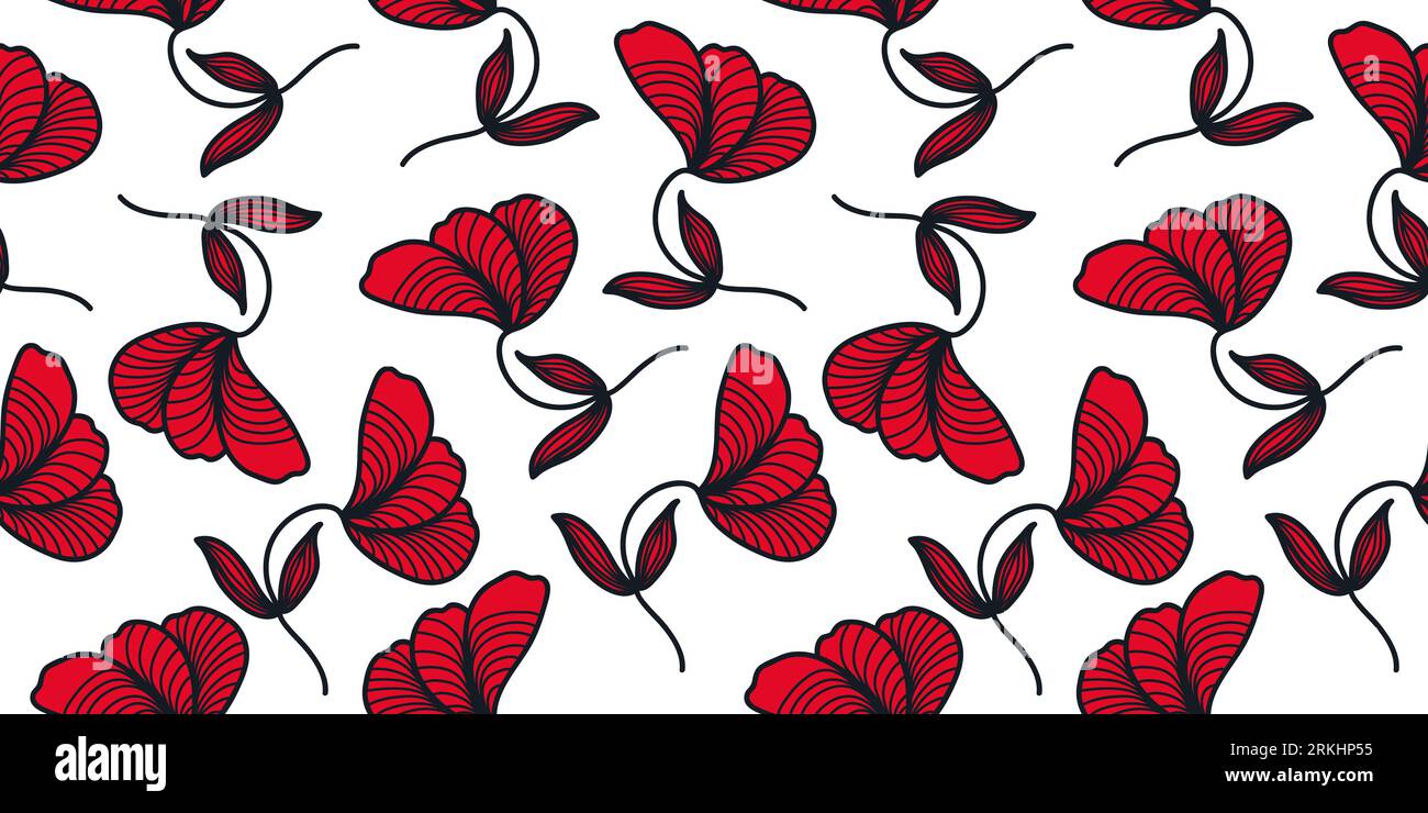 Elegant Red Flower Pattern with Hand Drawn Style. Vintage Seamless ...