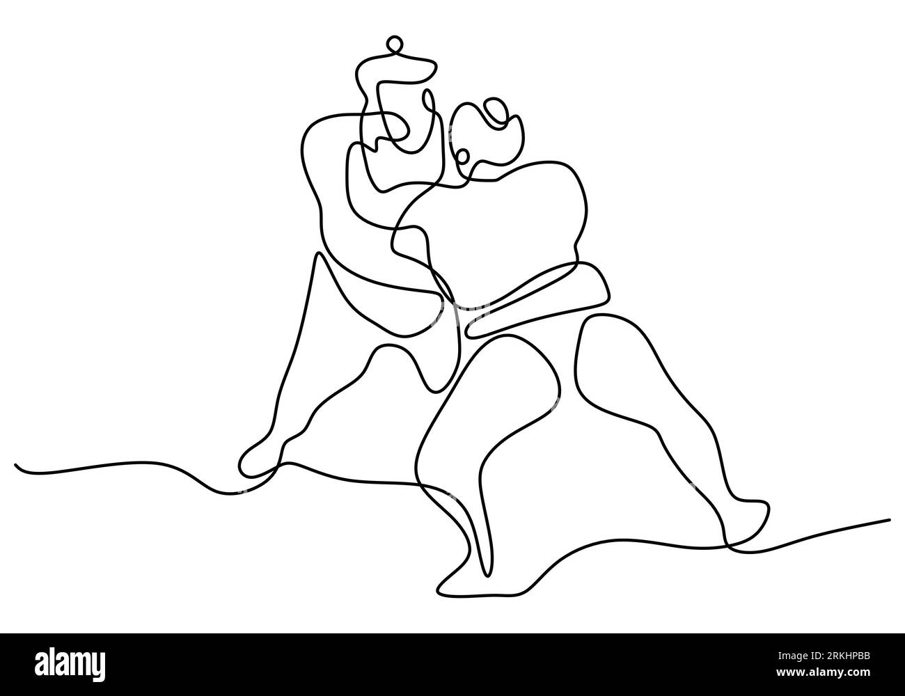 One continuous line drawing of two young big Japanese rikishi men is ...