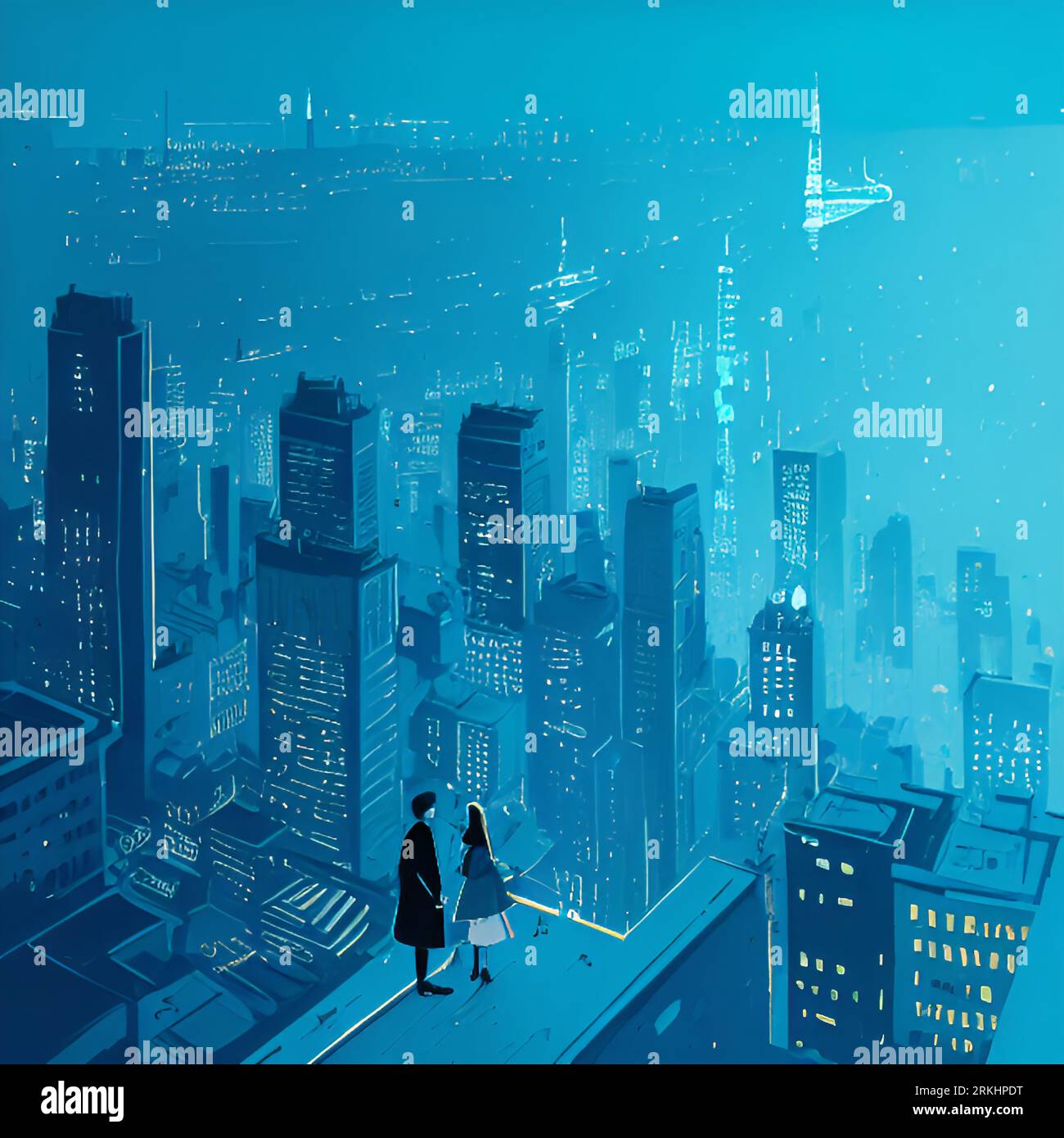 A young couple looking out the window of a tall, modern building ...