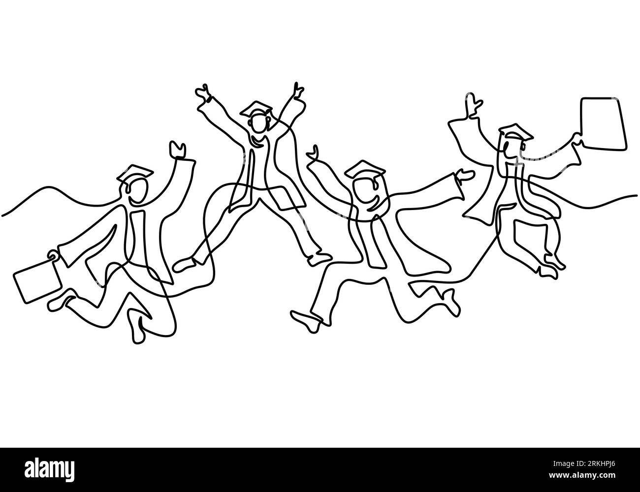 One line drawing of young happy graduate male and female college ...