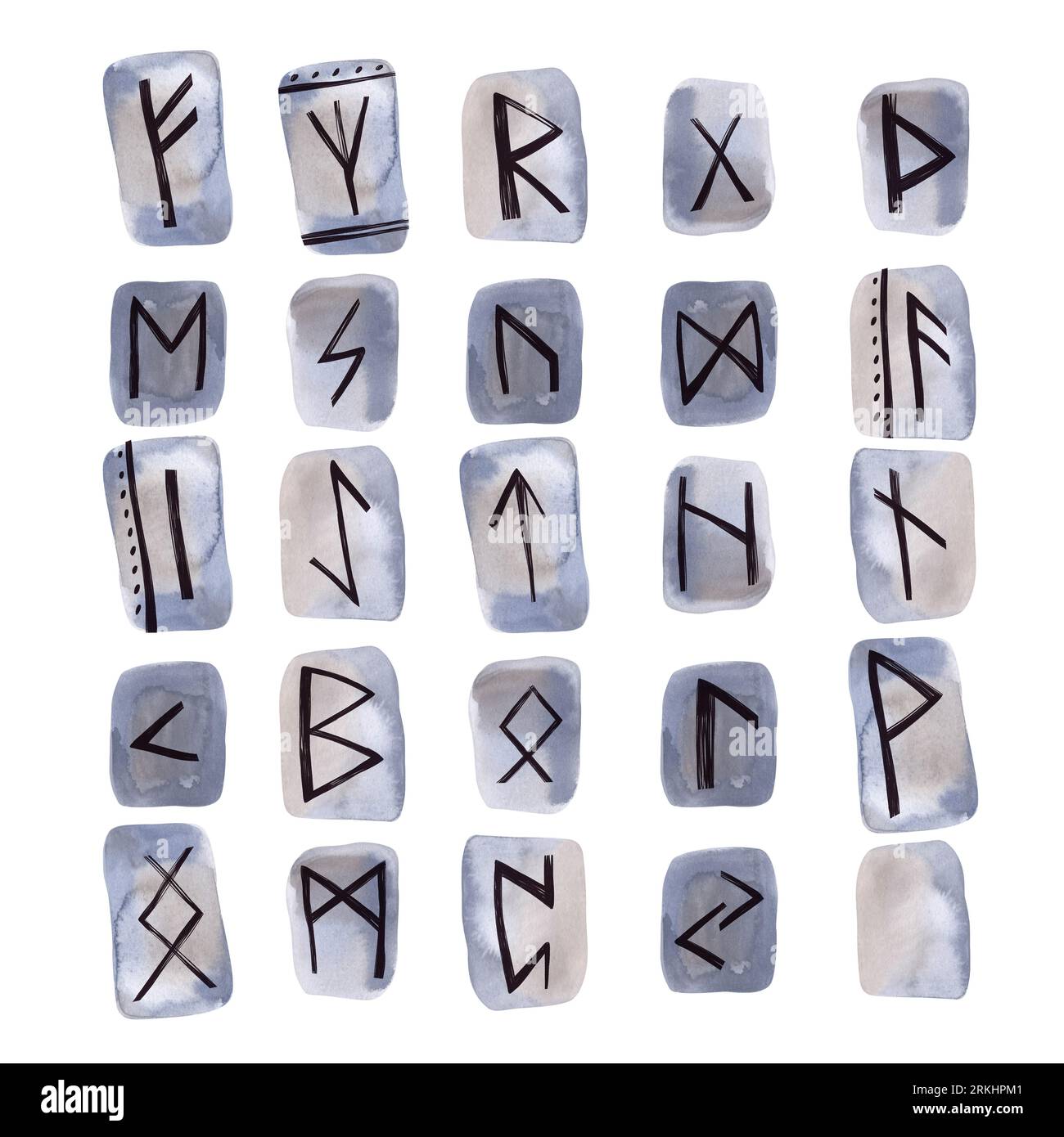 Scandinavian runes carved on stone. Divination set. Group of watercolor ...