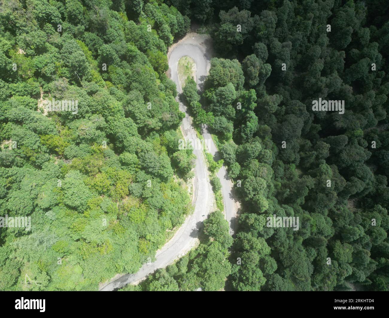 An aerial view of a scenic winding road through a forest-covered ...