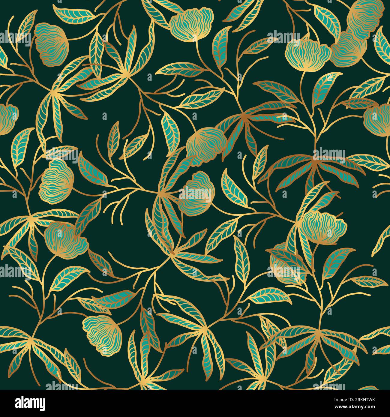 Luxury Green and Gold Flower Pattern. Hand Drawn Seamless Floral ...