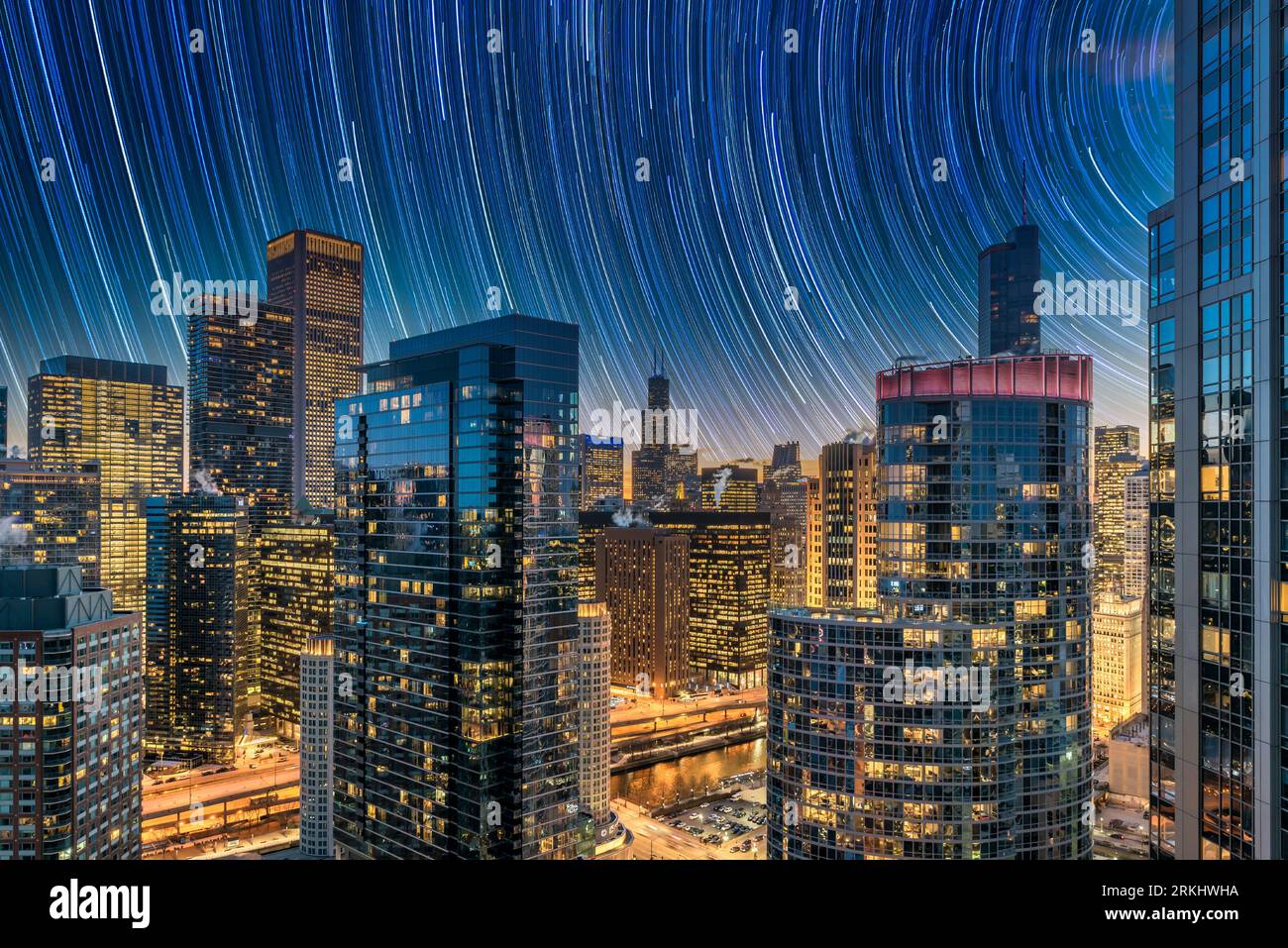 An awe-inspiring starry night skyline of the city of Chicago, Illinois ...