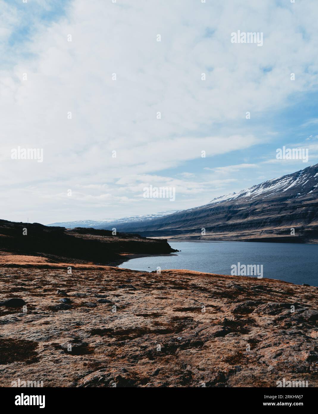 A river splitting the towering peaks of Iceland shrouded in misty ...