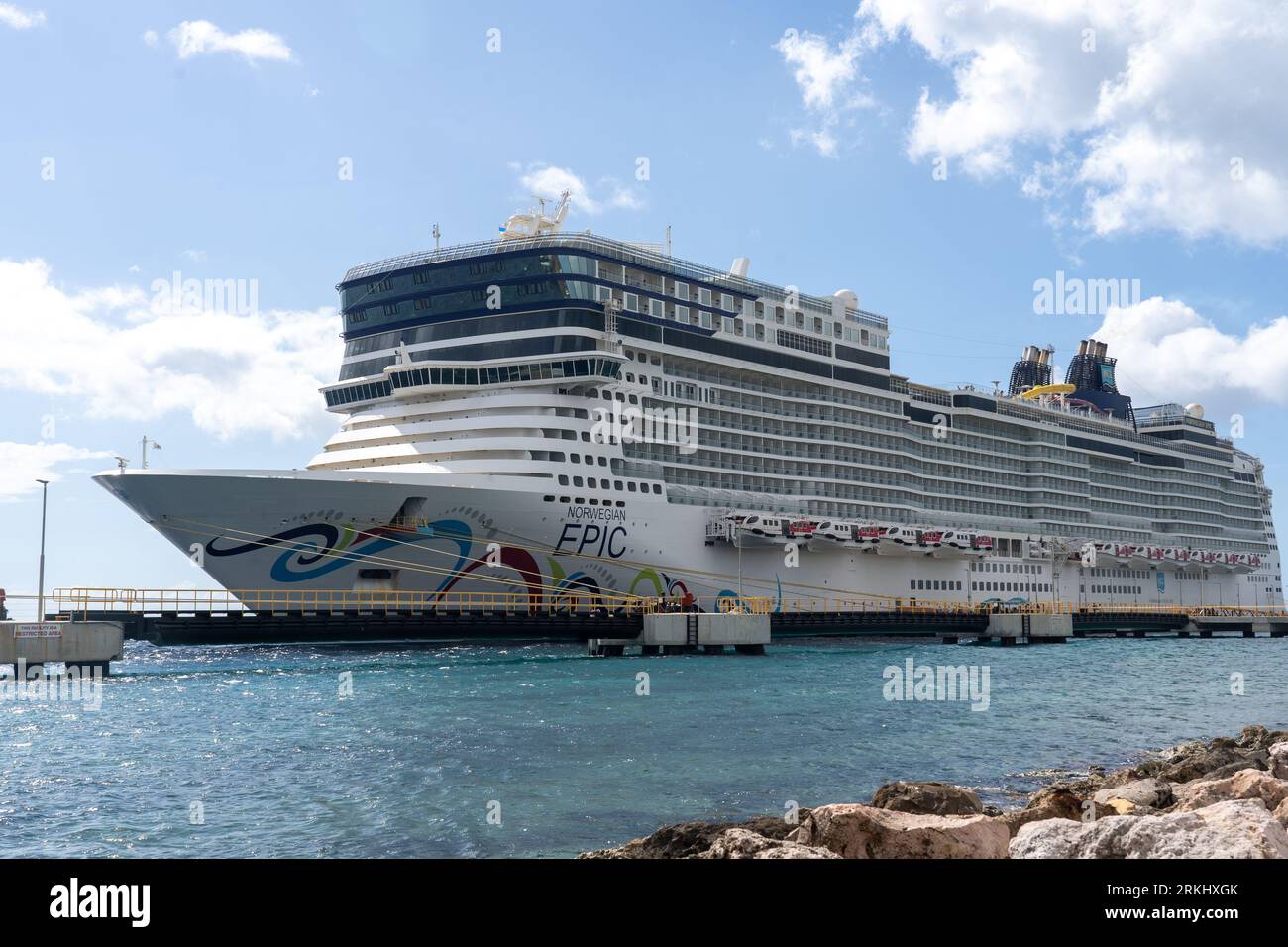 A closeup of a Norwegian Cruise Lines NCL Cruise Ship Norwegian Epic in ...