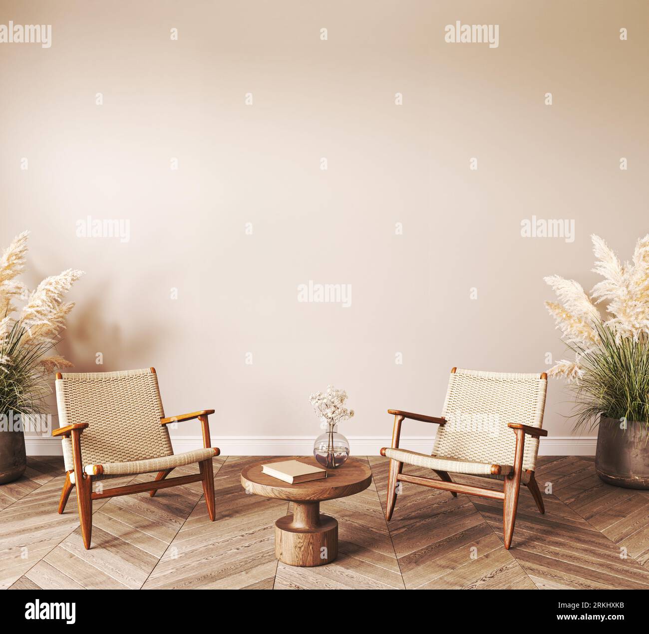 Japanese boho beige interior with armchair background. Light modern ...