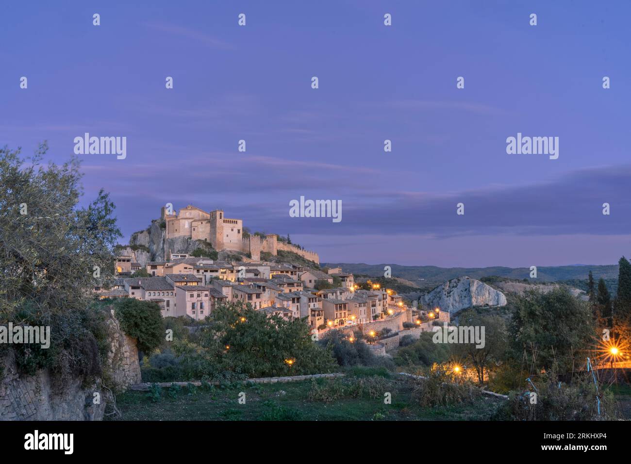 Sunset or dusk in the medieval village of Alquezar. Village with ...