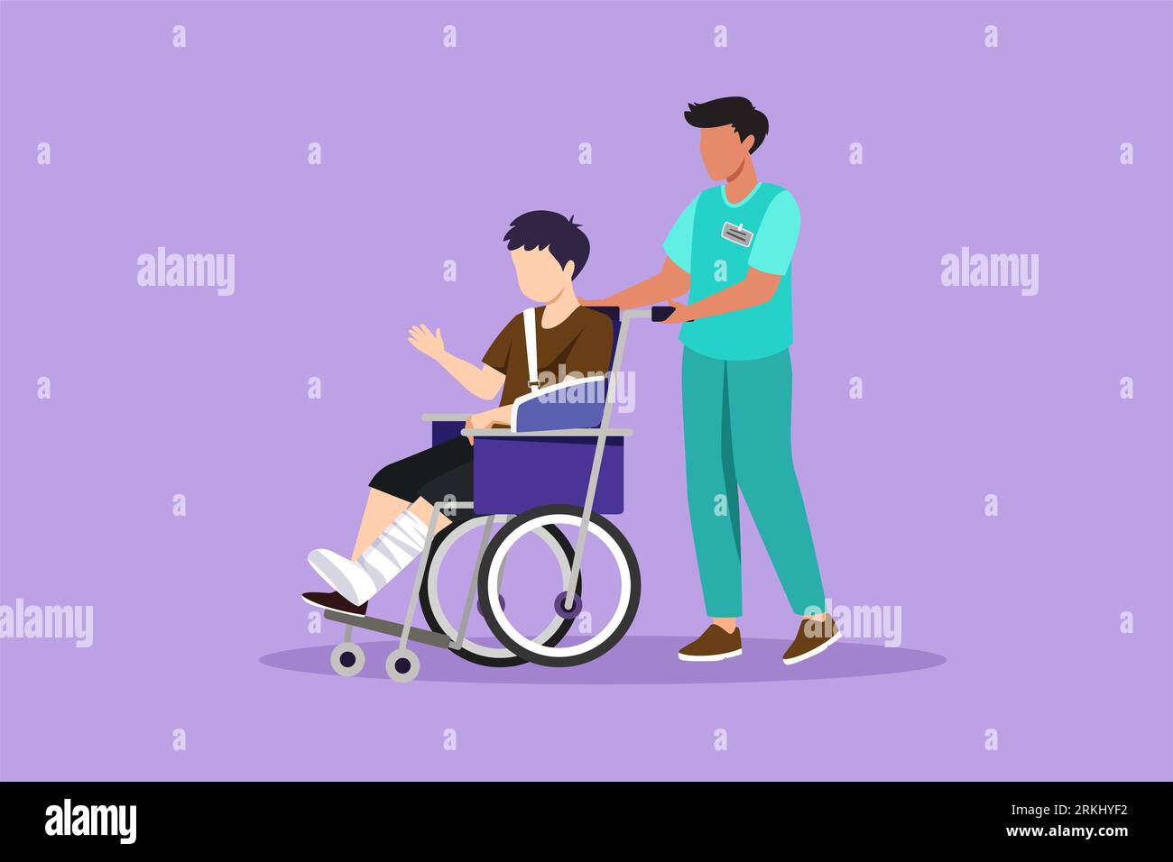 Character flat drawing disabled little boy with broken hand, leg riding ...