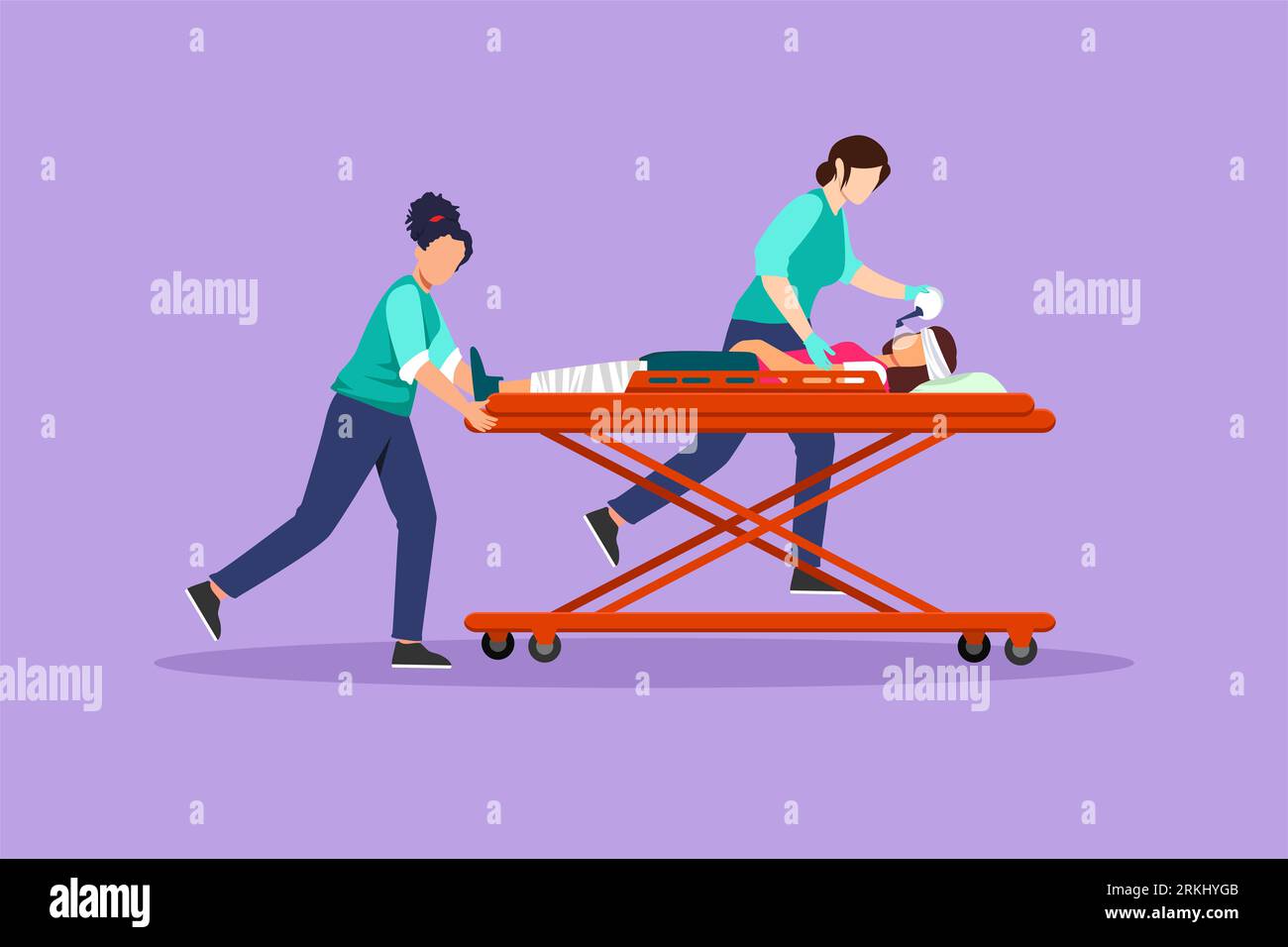 Graphic flat design drawing doctors push gurney with sick woman ...