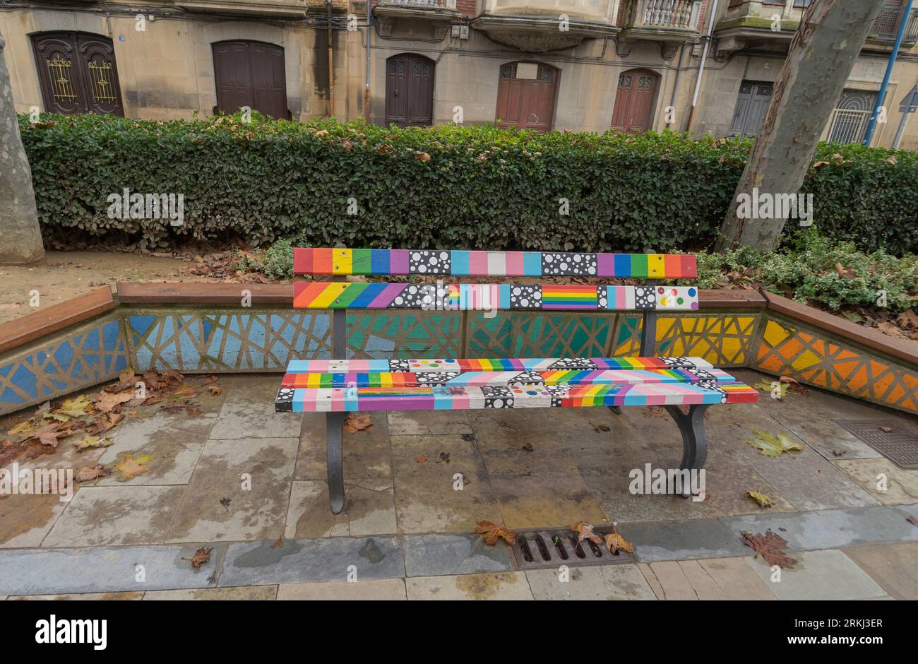 An Lgtbt colored bench in the town of Tafalla, Navarra, Spain Stock ...
