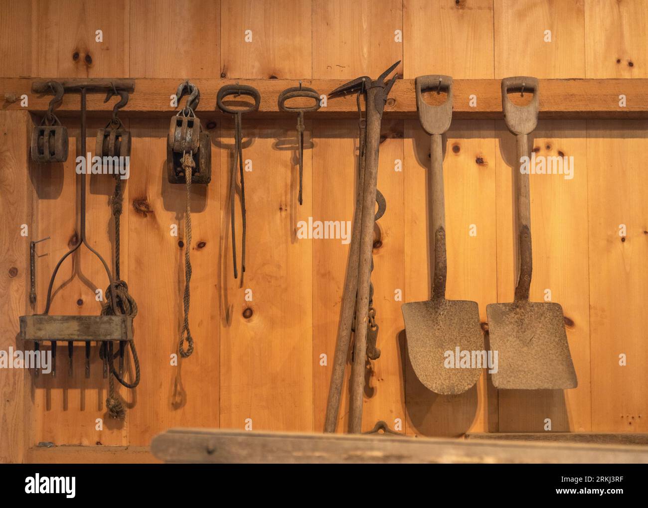 A collection of farm tools and shovels hung on the wall of a ...